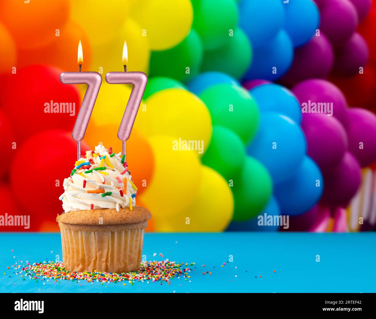 Birthday candle number 77 - Invitation card with balloons in colors of ...