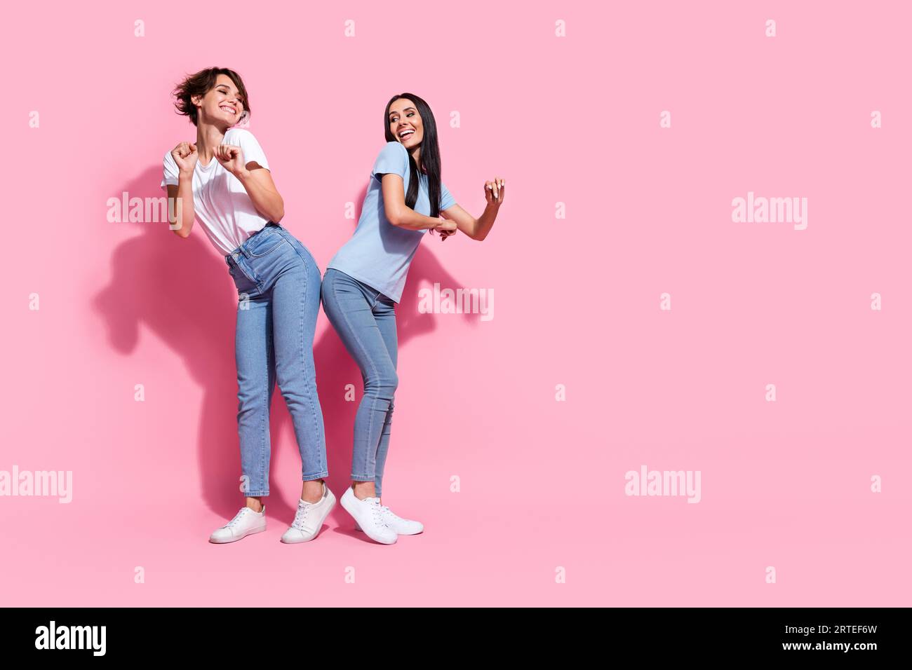 Full size body photo of two girls boogie woogie party modern ...