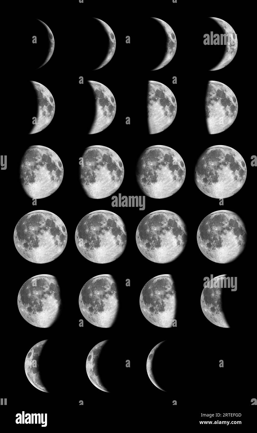 Twenty-four phases of the moon's complete growth cycle Stock Photo - Alamy