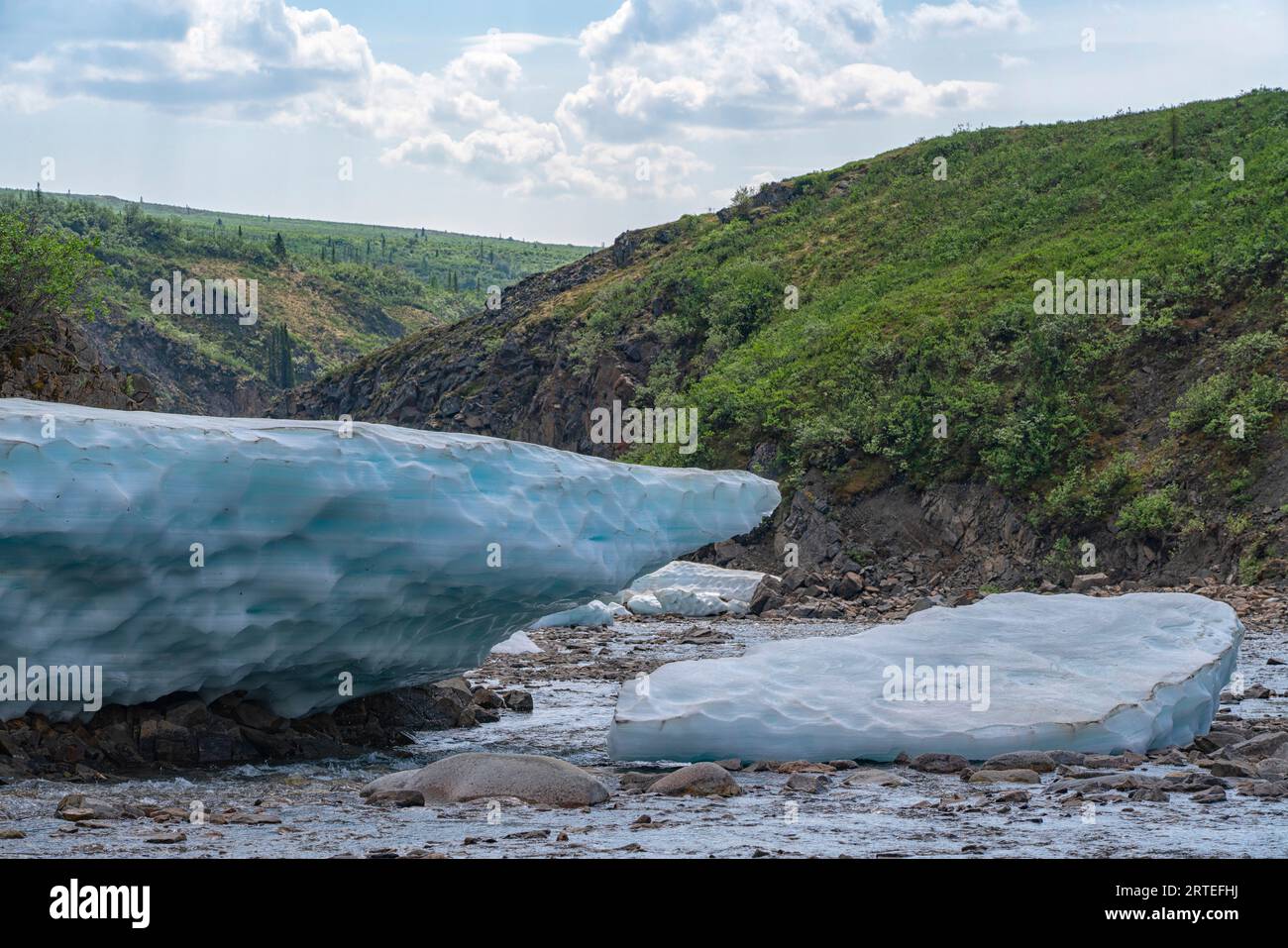 Close-up of the late season ice known as aufeis (created by multiple ...
