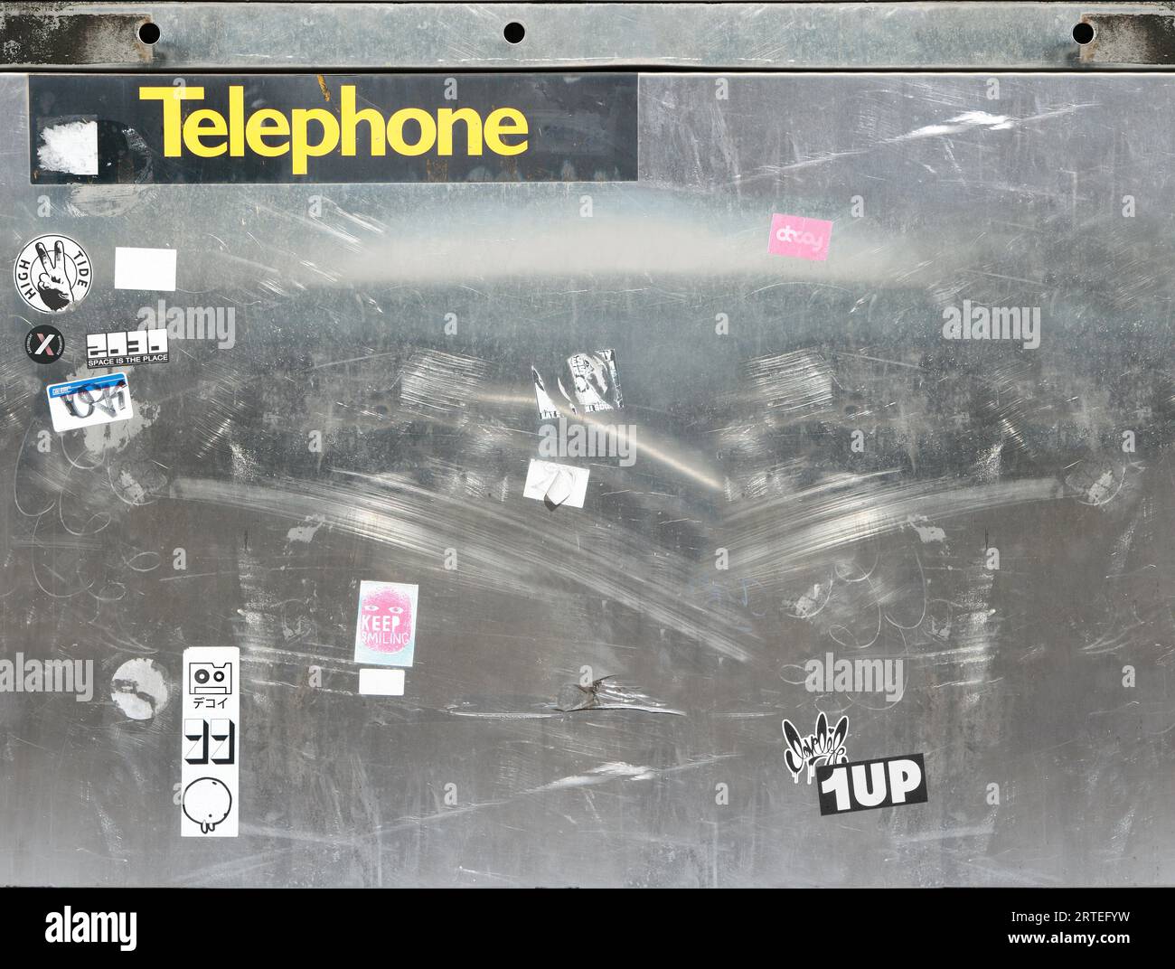 Metallic texture with scratches of a phone box with stickers Stock ...
