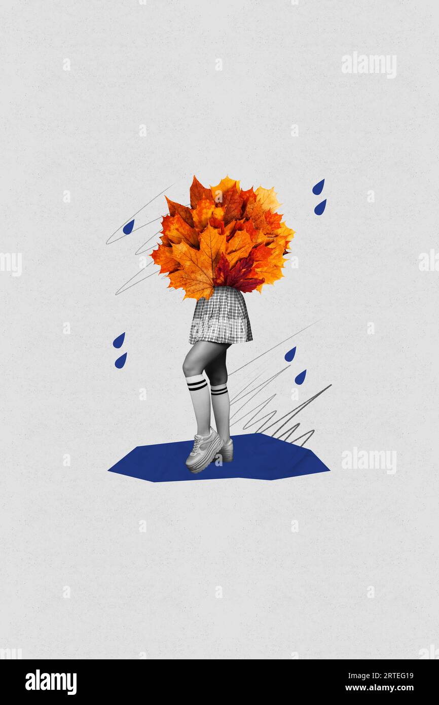 Vertical composite photo collage of bodyless girl orange leaves instead ...