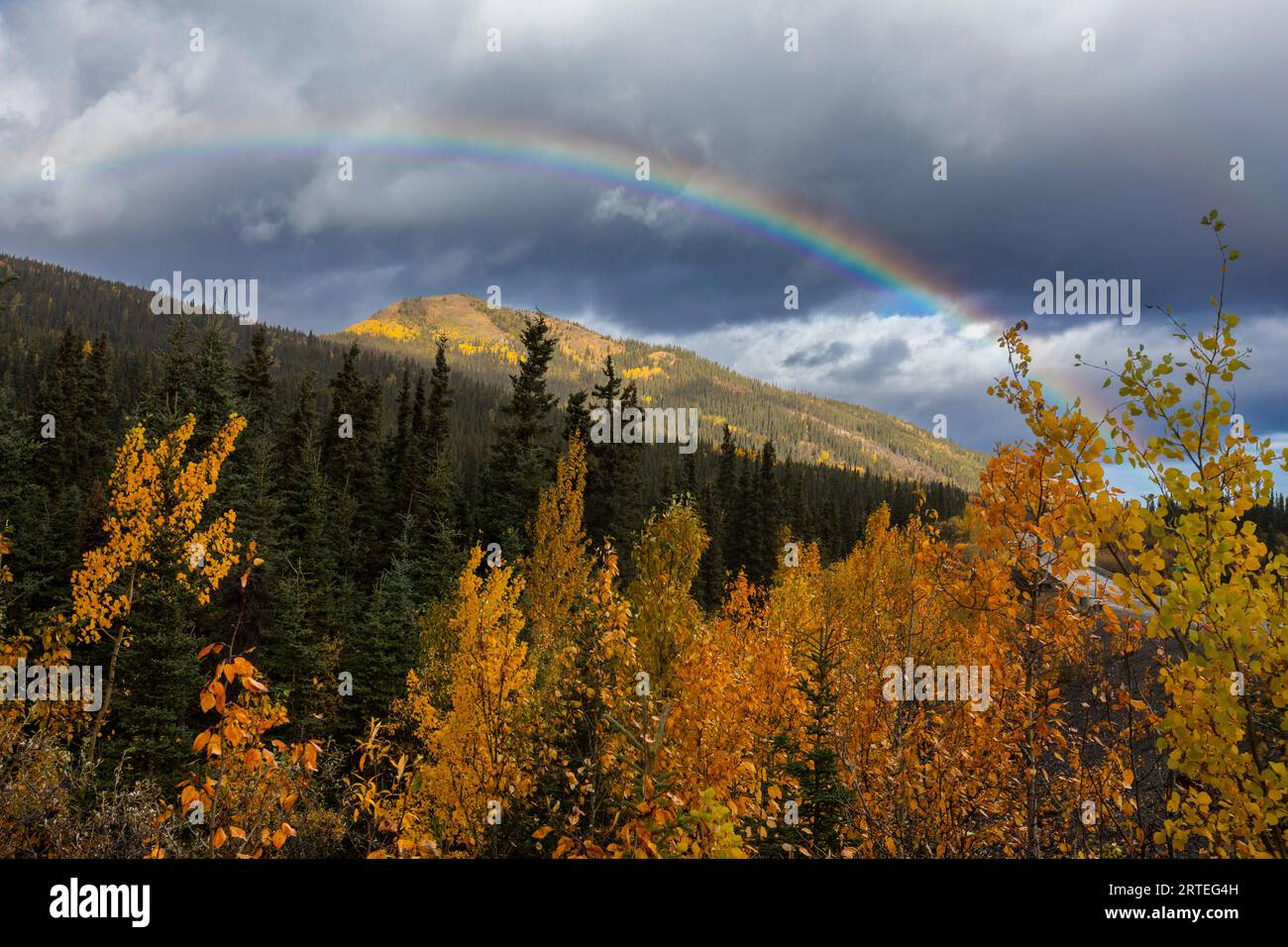 Rainbow in a cloudy sky arches over a mountain peak and the fall ...