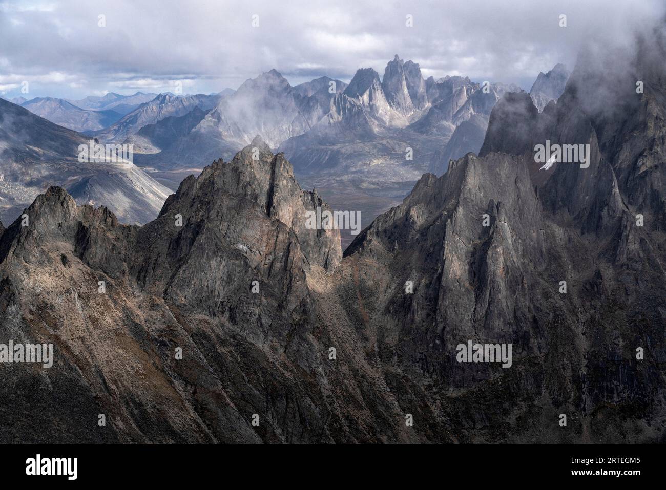 Aerial views of the jagged peaks in the Tombstone Range in Tombstone ...
