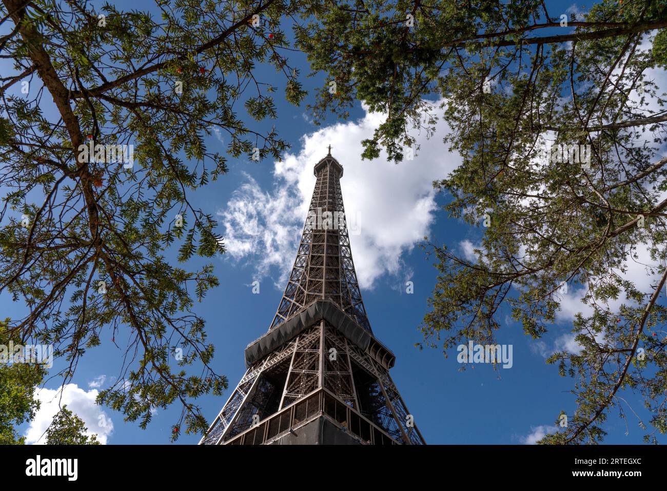 Low angle view of the Eiffel Tower against a blue sky with clouds, surrounded by tree branches ...