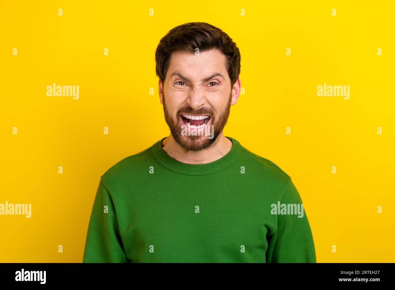 Photo of aggressive furious man boss wear green clothes loud shouting ...