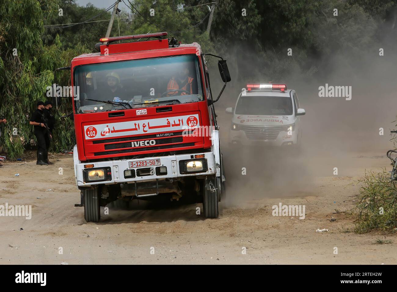 Gaza, Palestine. 12th Sep, 2023. Civil defence vehicles and ambulances ...