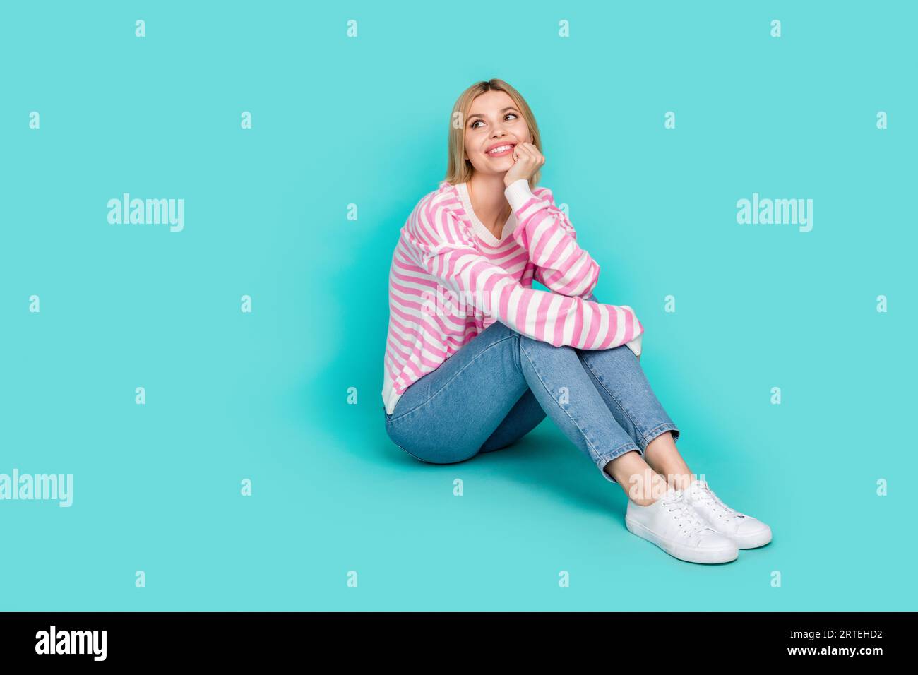 Full body photo of dreaming young girlfriend touch cheek wonder her ...