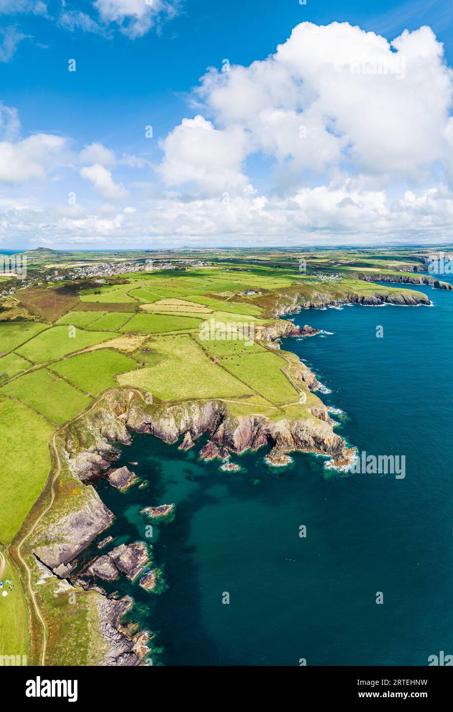 Cliffs and Fields over Porthclais from a drone, St Davids ...