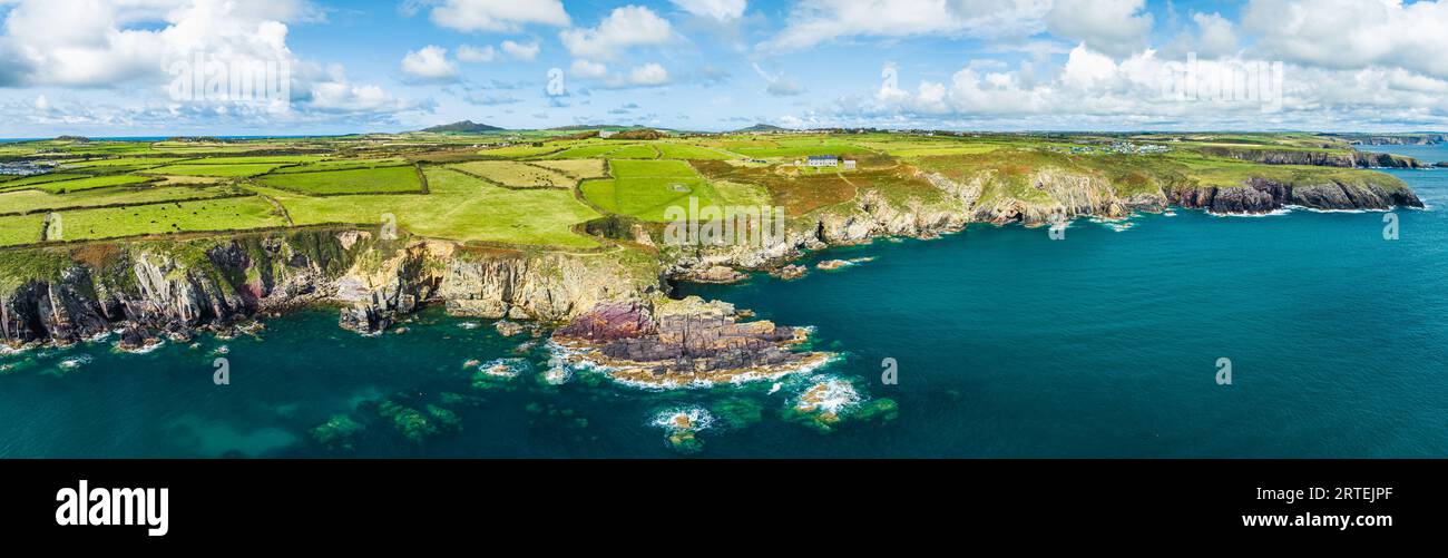 Panorama of St. Non’s Cliffs and Bay from a drone, St Davids ...