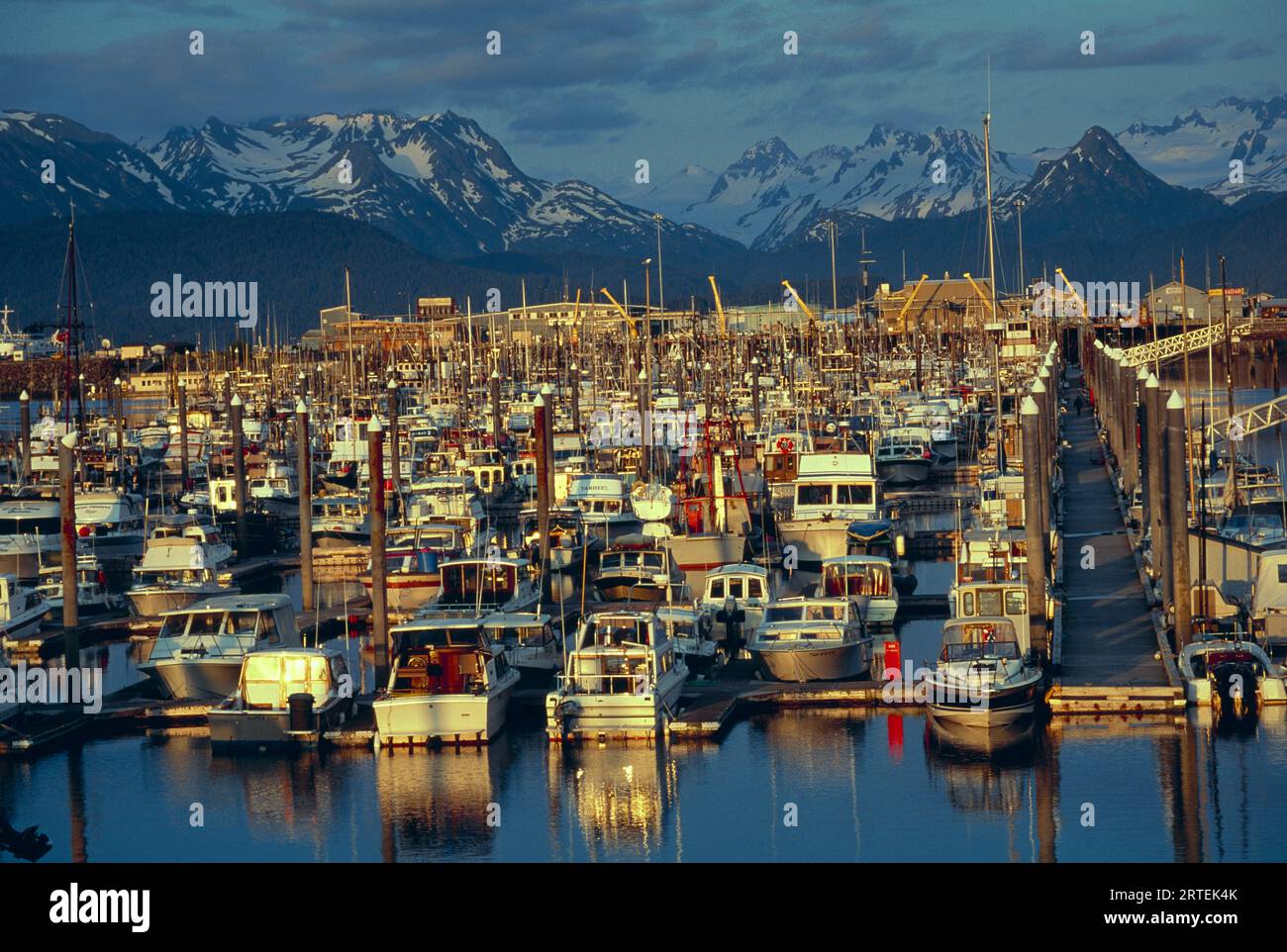 Busy harbour full of mooring boats with a snow-capped mountain range in ...