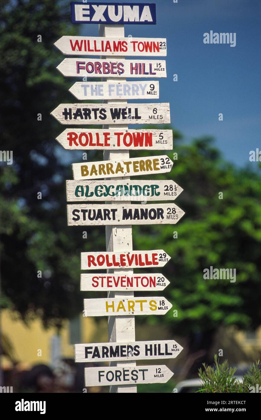 Road signs on Great Exuma Island; Great Exuma Island, The Bahamas Stock ...