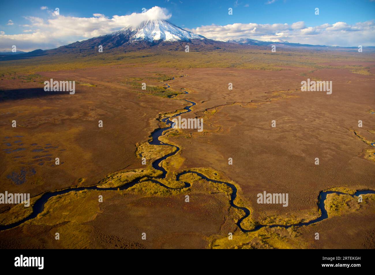 Aerial view of the Kronotsky volcano and surrounding landscape ...