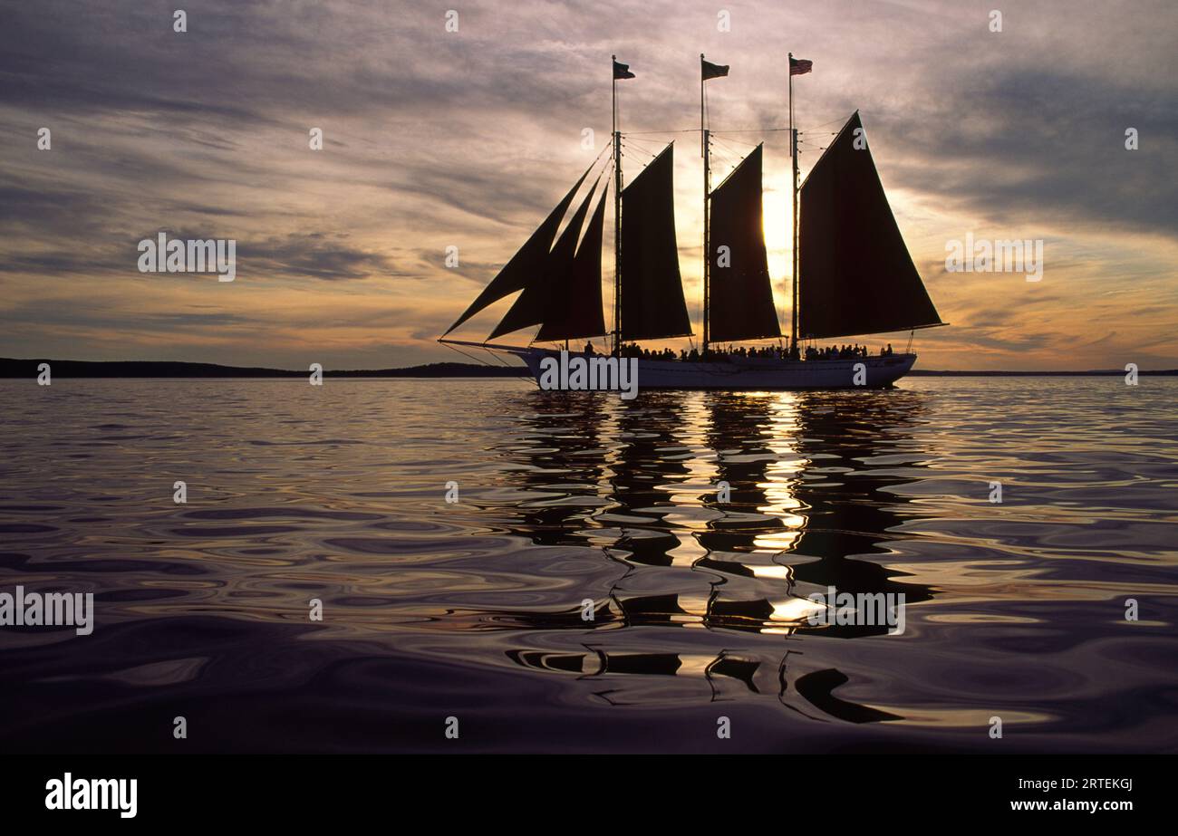 Three masted schooner under sail at sunset; Maine, United States of ...