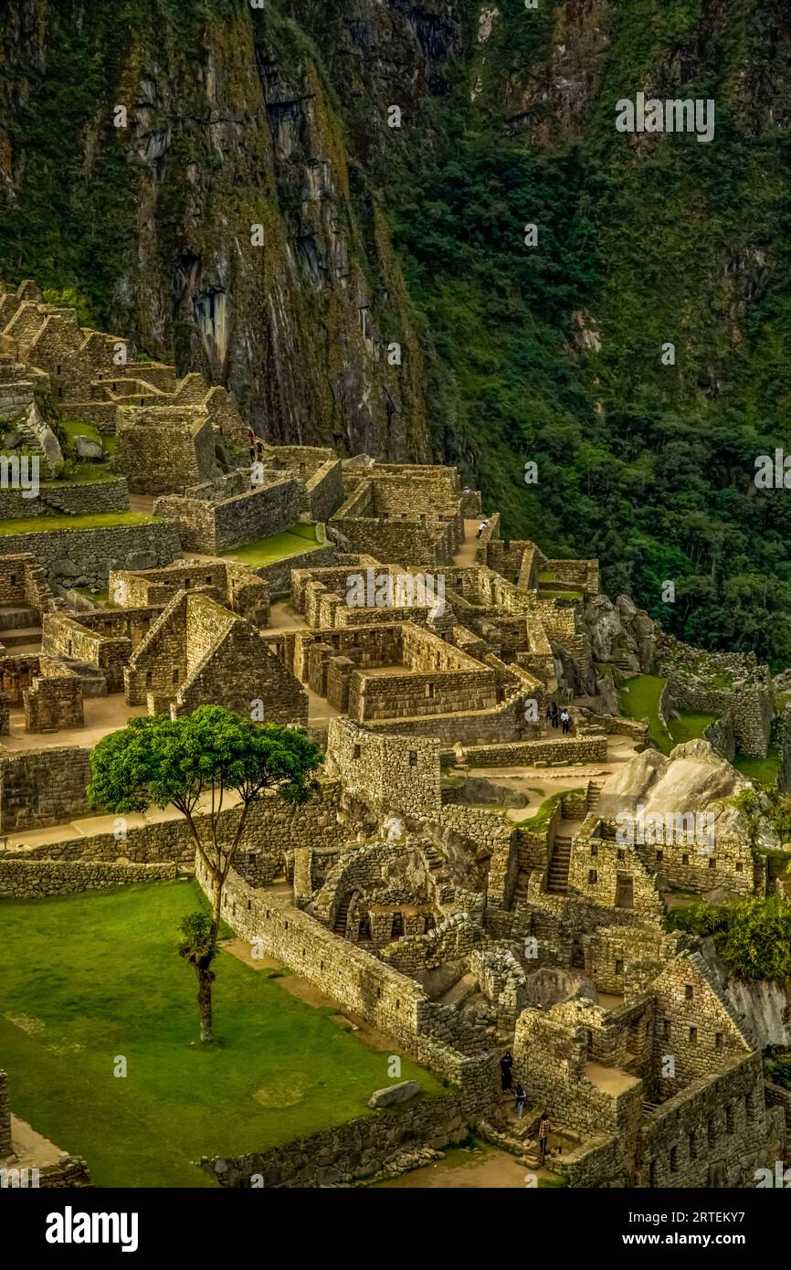 Reconstructed stone buildings on Machu Picchu; Machu Picchu, Peru Stock ...