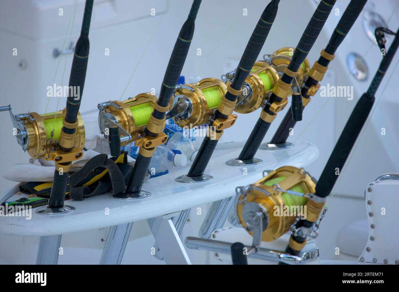 Close-up of fishing rods stored on a fishing boat; Port Antonio ...
