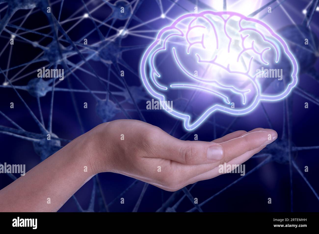 Memory. Woman holding illustration of brain against neural network ...