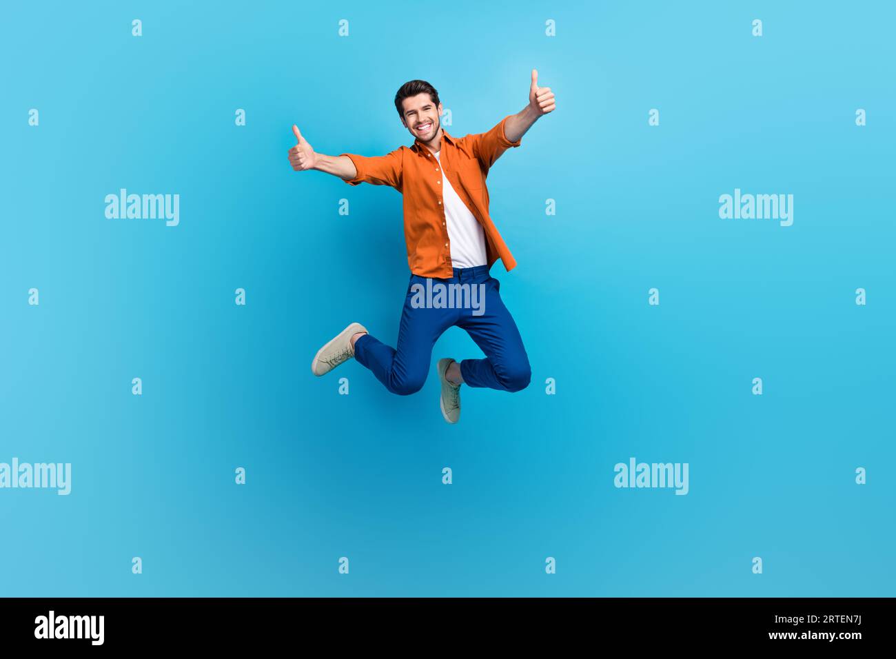 Full size photo of attractive overjoyed crazy person jumping hands ...