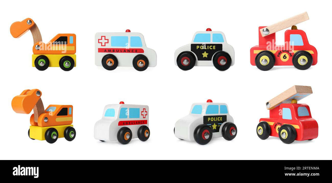 Set with different toy cars isolated on white Stock Photo - Alamy