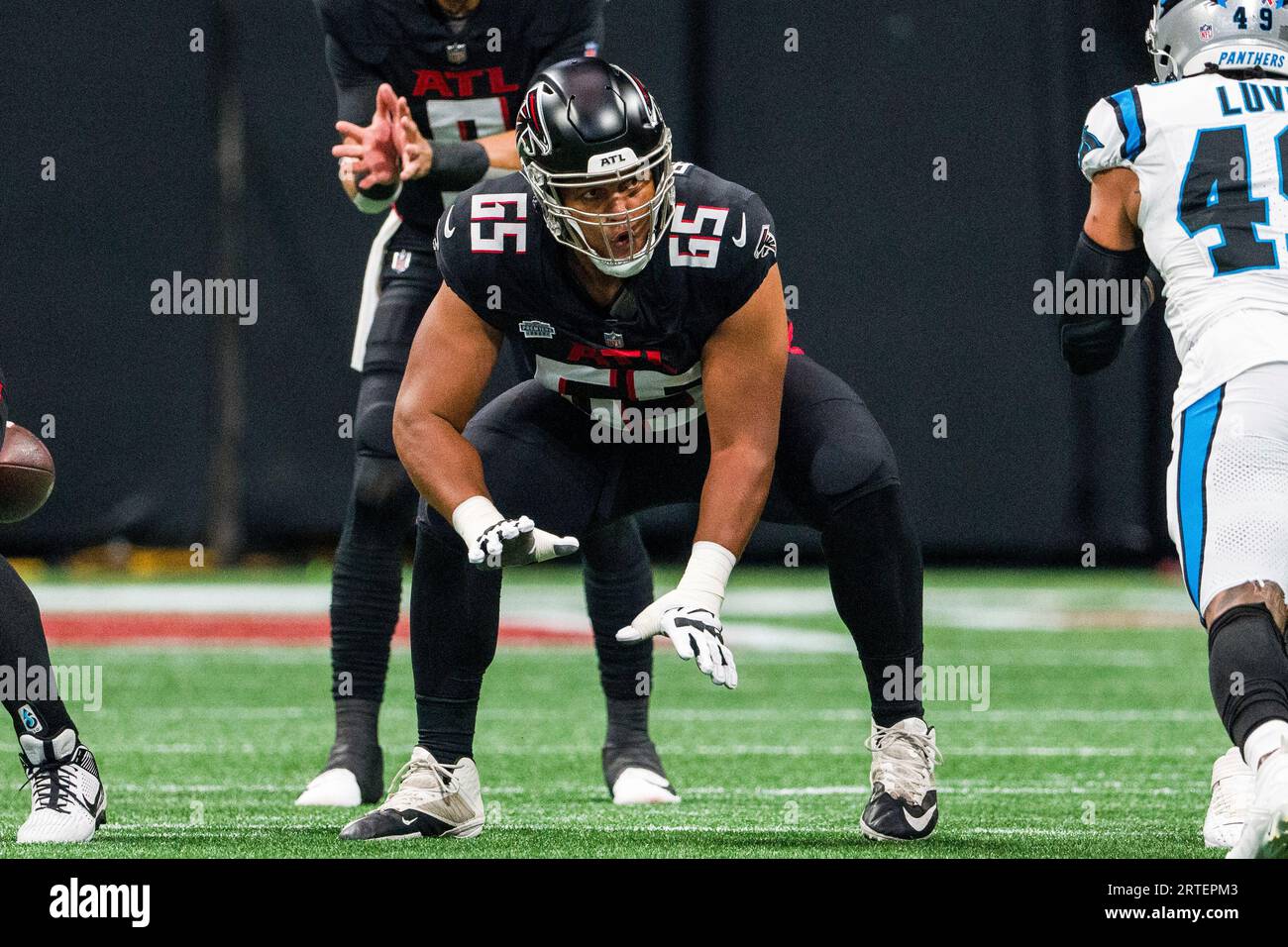 Atlanta Falcons guard Matthew Bergeron (65) works during the first half ...