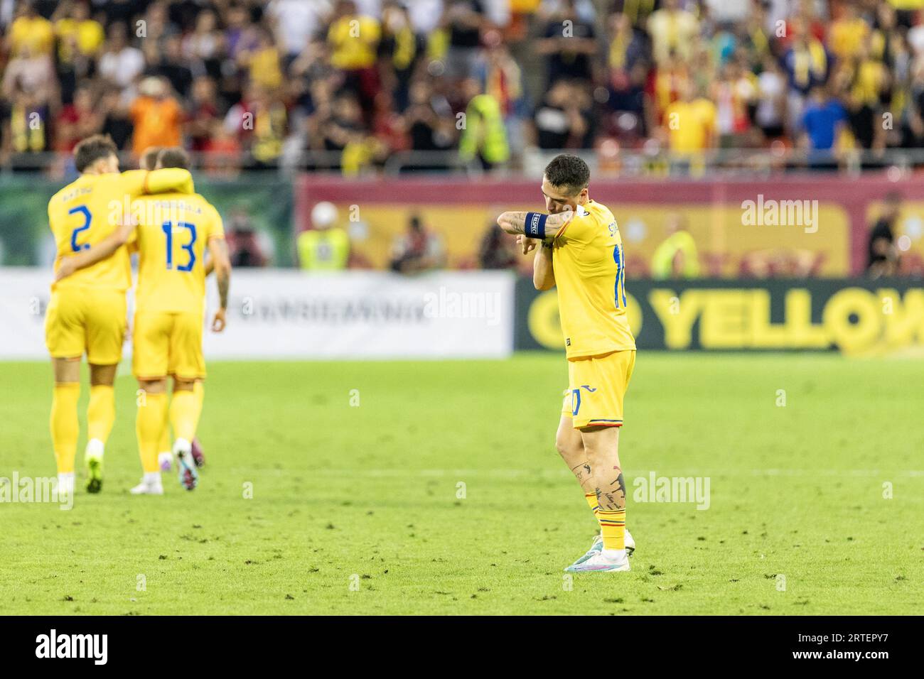 Nicolae Stanciu of Romania celebrates scoring his team's first goal to ...