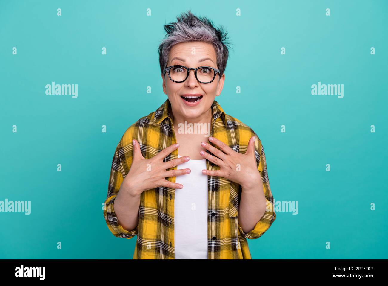 Photo of charming grandmother touch chest shock unexpected dressed ...