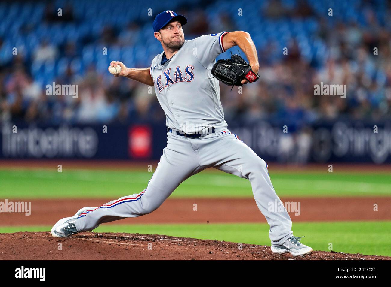 Texas Rangers starting pitcher Max Scherzer works against the Toronto ...