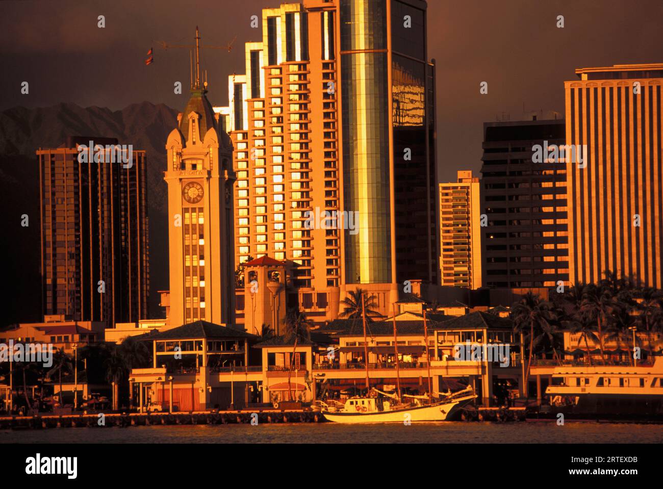 Hawaii, Oahu, Aloha Tower, Honolulu Harbor, And Downtown Cast In A ...