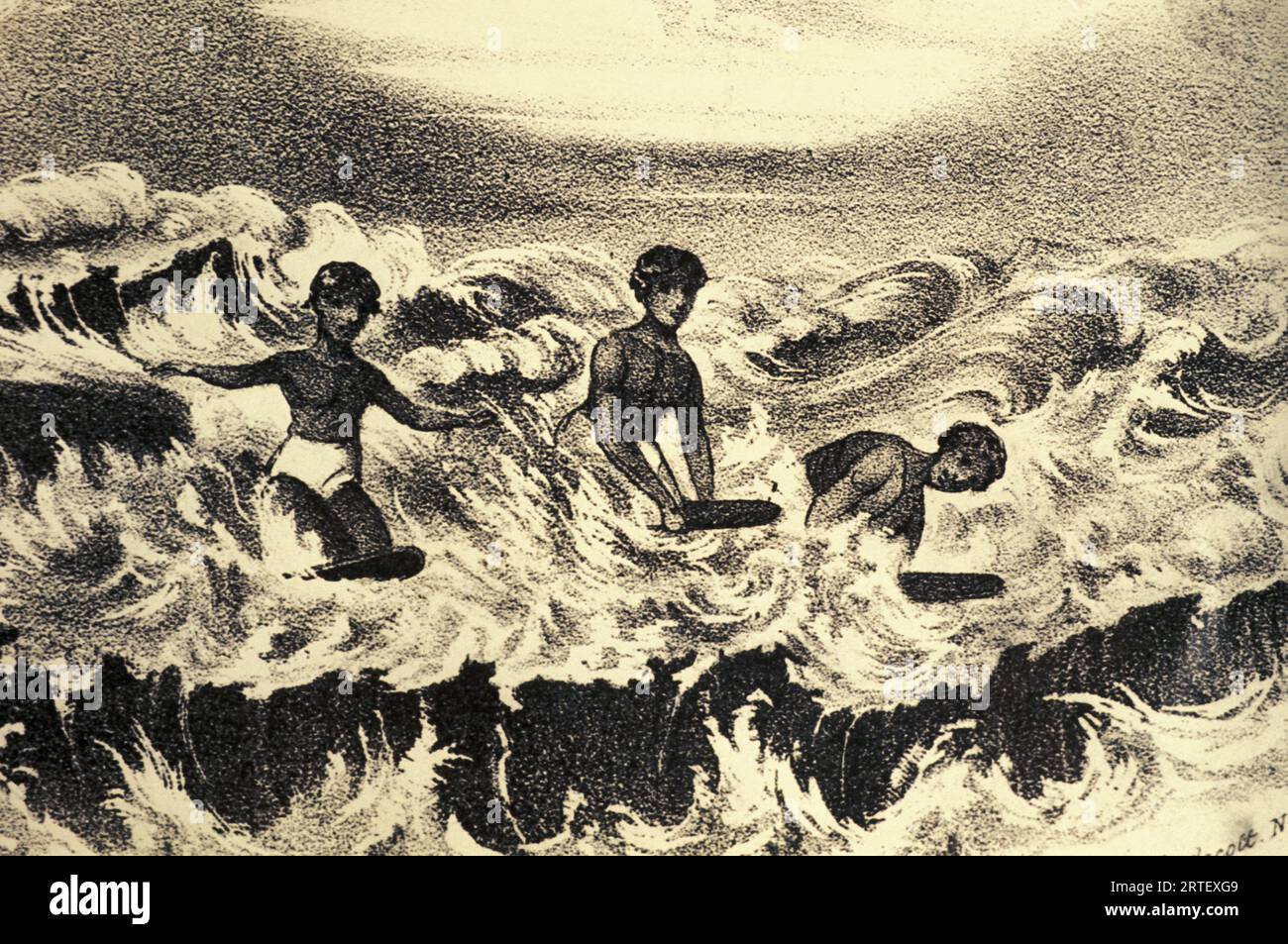 C.1840 Art/Book Illustration, Sandwich Islanders Playng In The Surf ...