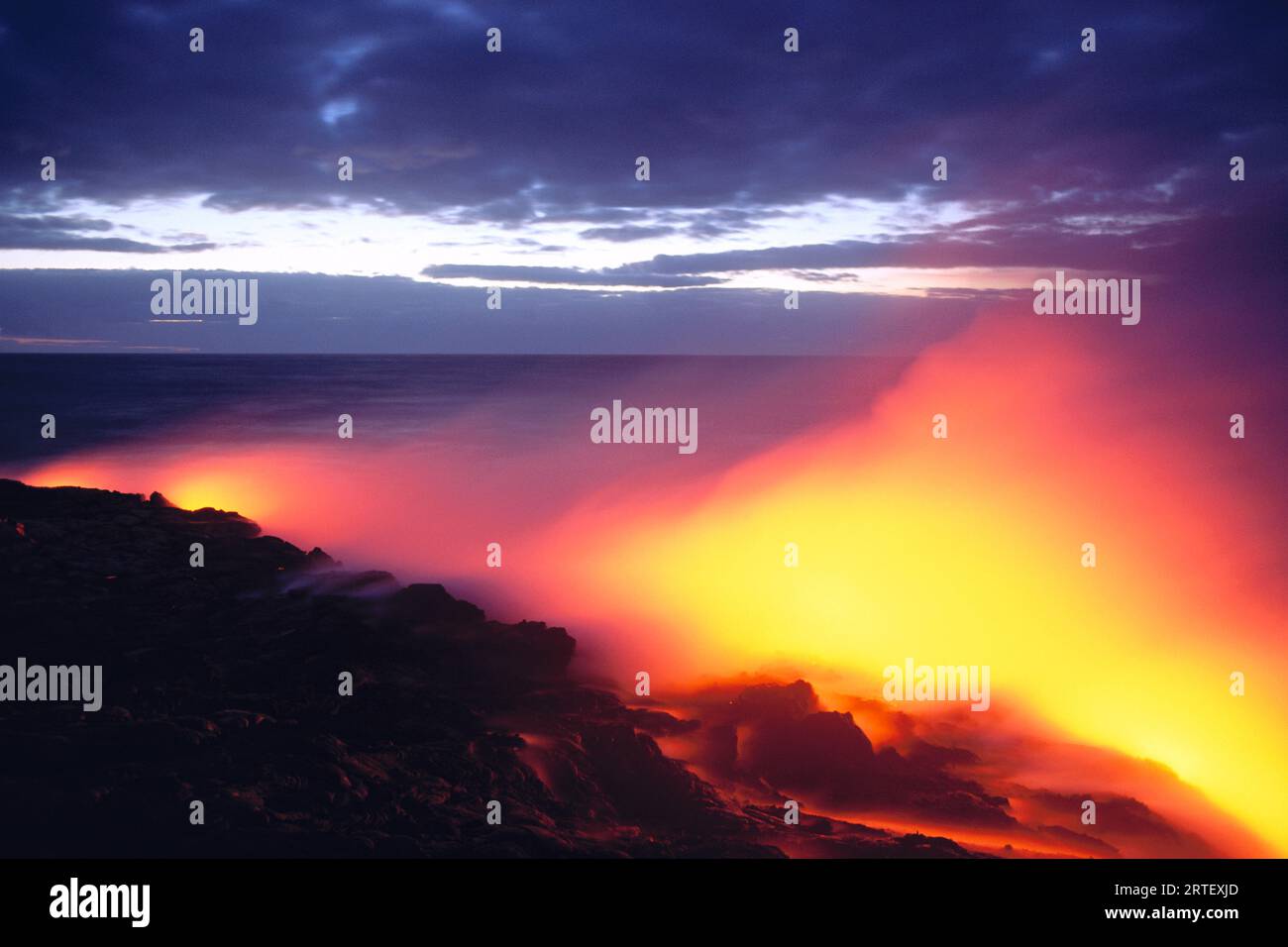 Hawaii, Big Island, Hawaii Volcanoes National Park, Glowing Lava Flow Into Ocean At Twilight ...