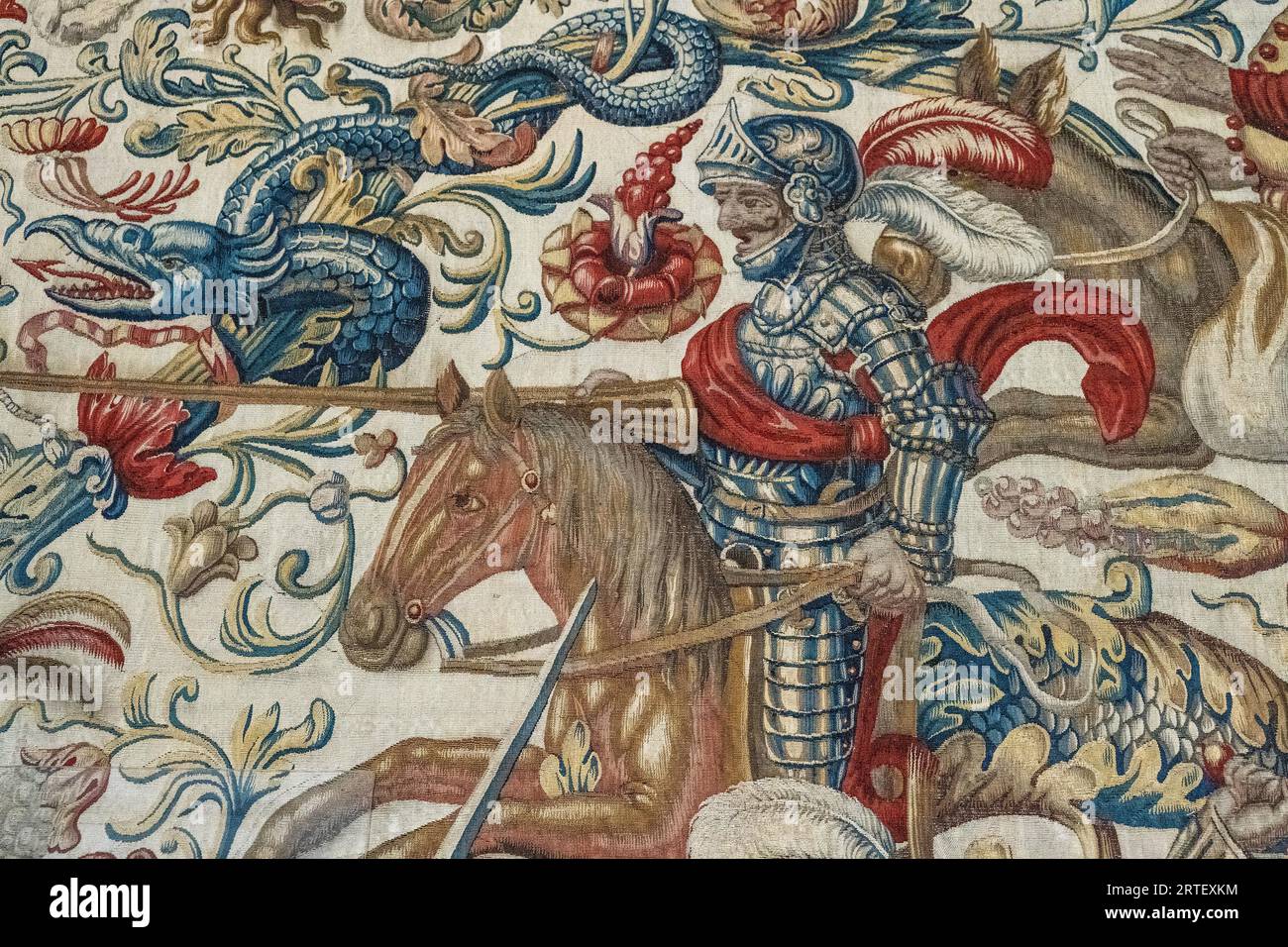 tapestry of a knight in battle with his horse in Cawdor Castle Stock ...
