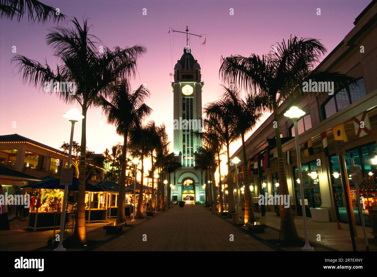 Hawaii, Oahu, View Of Aloha Tower Marketplace At Dusk, Pink Sky Stock ...