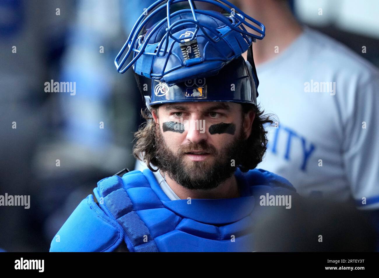 Kansas City Royals catcher Logan Porter walks through the dugout in ...