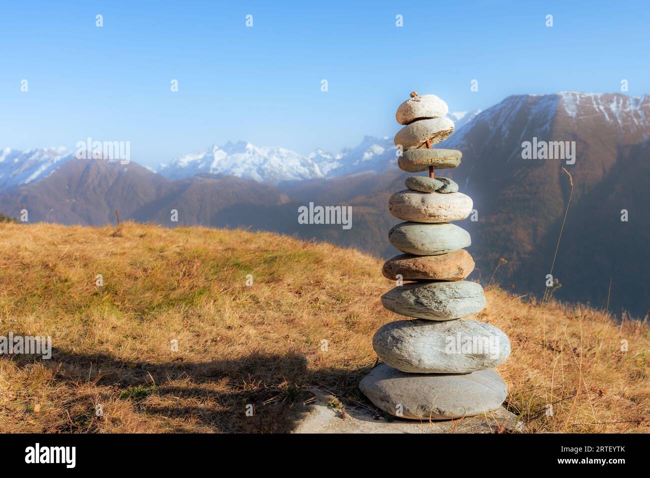 Close up view of a stacked stone tower in a mountains landscape Stock ...