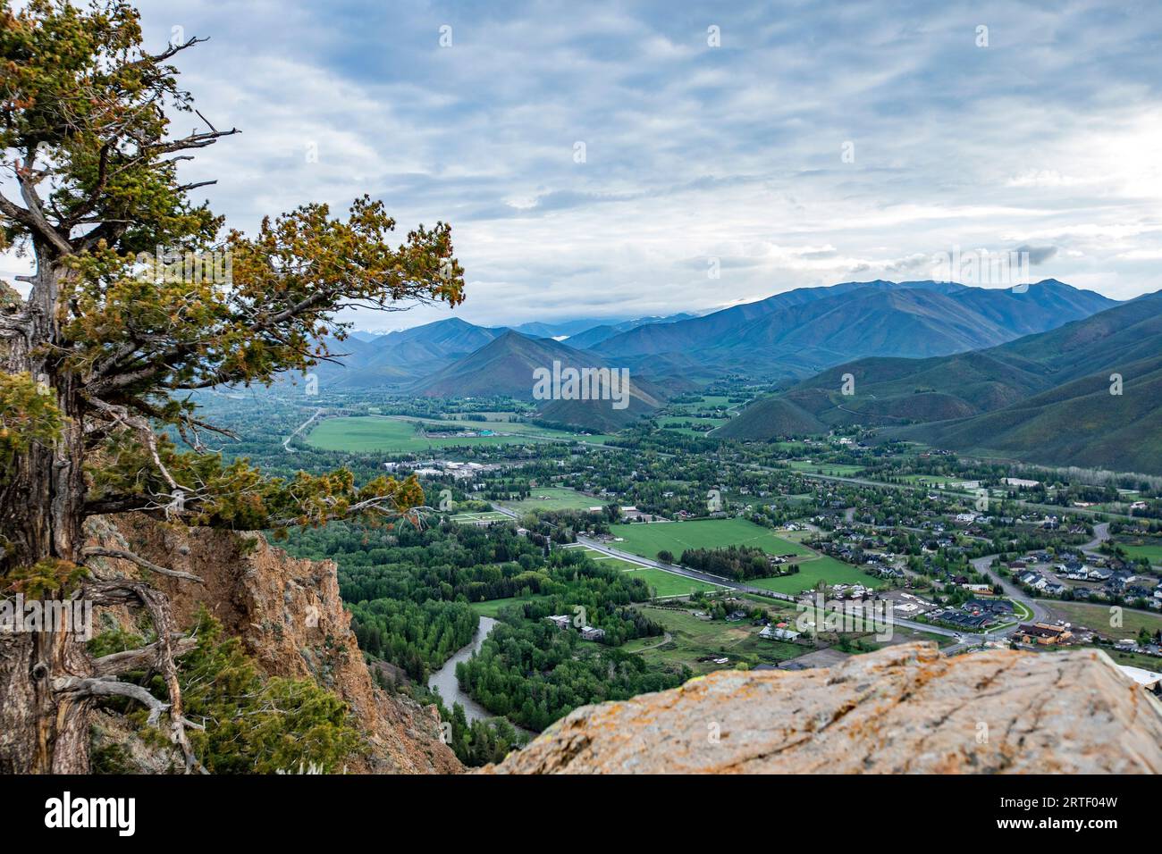 USA, Idaho, Hailey, Little town in valley seen from Carbonate Mountain ...