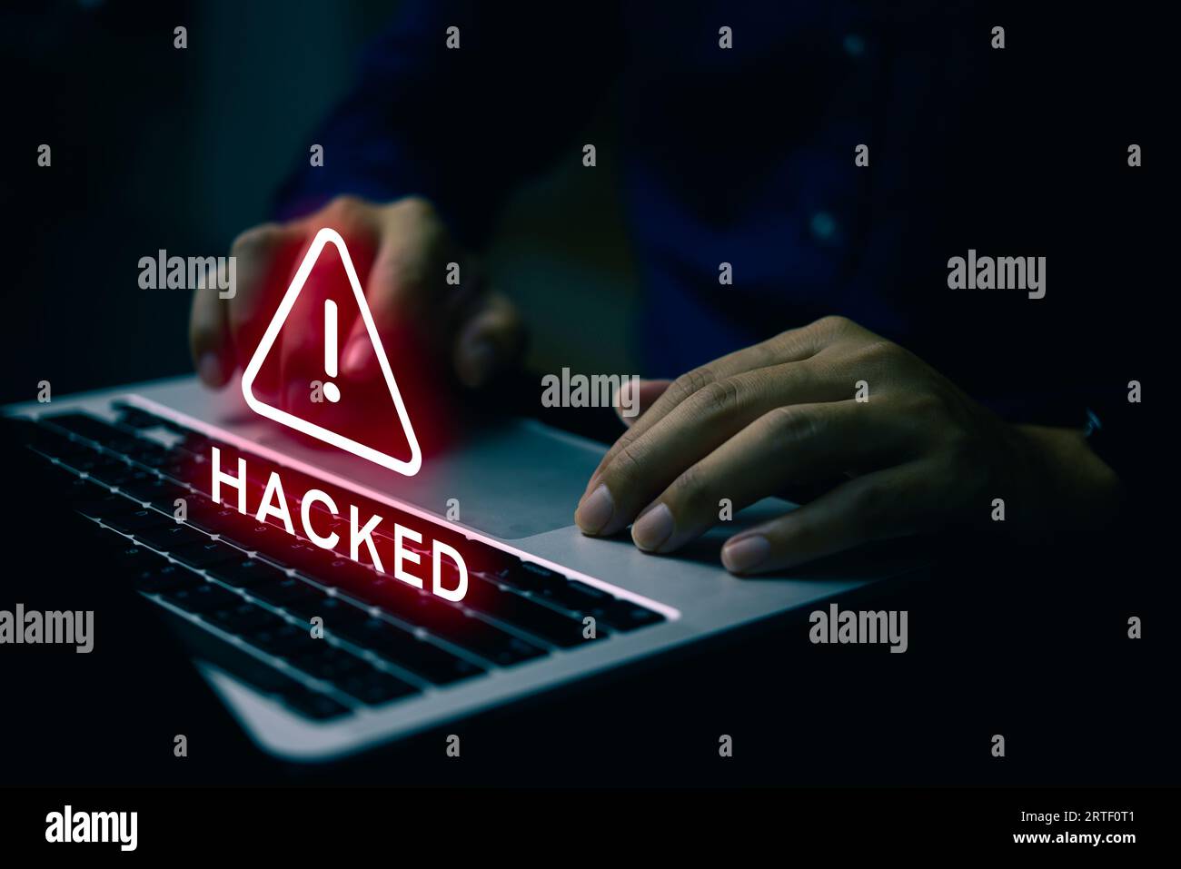 Man Using Computer With System Hacked Alert Warning Signs Attack On