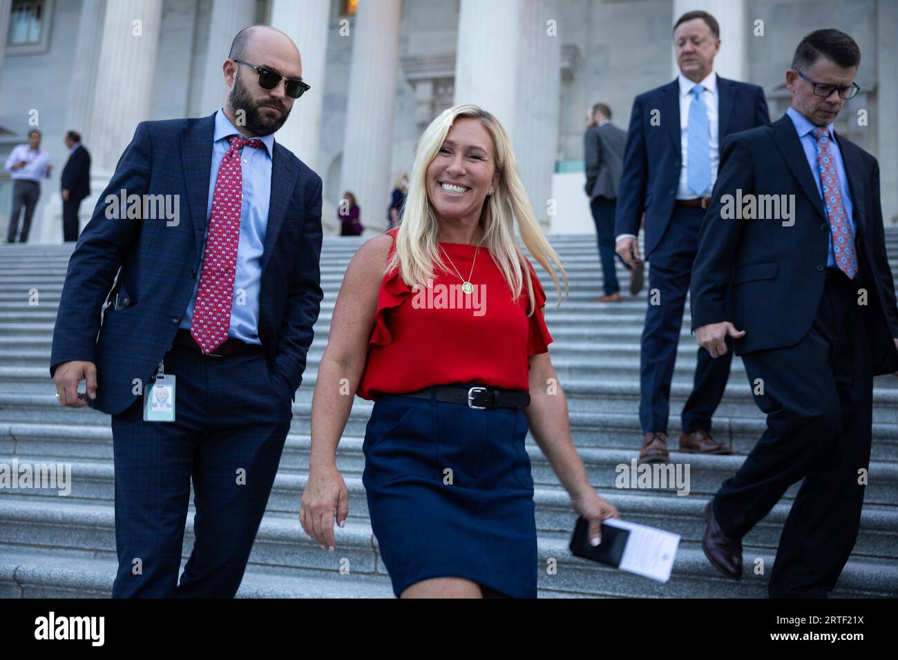 Rep. Marjorie Taylor Greene (R-Ga.) departs the U.S. Capitol Sept. 12 ...