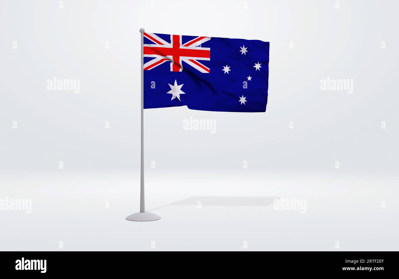 3D illustration of an Australian flag extended on a flagpole and a ...