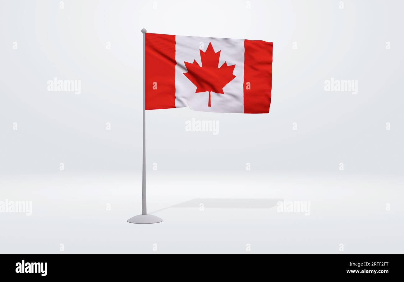 3D illustration of a Canadian flag extended on a flagpole and a studio ...