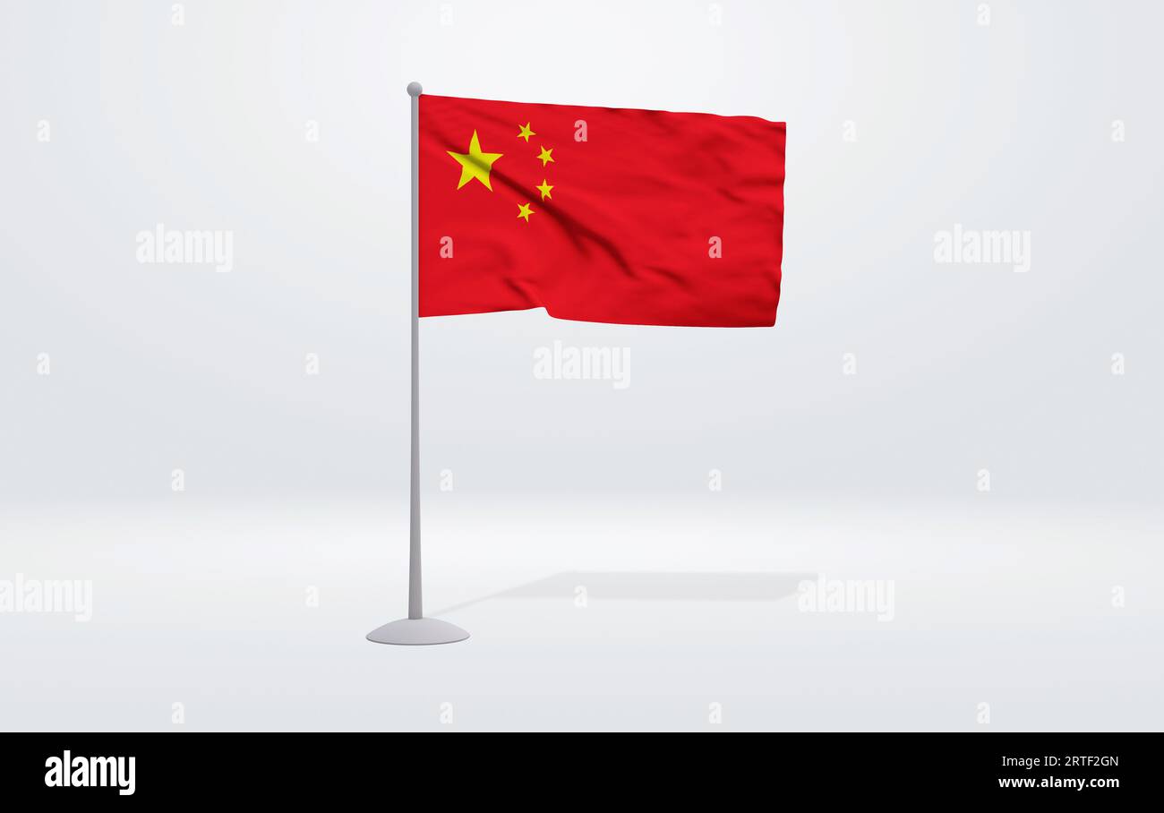 3D illustration of a Chinese flag extended on a flagpole and a studio ...