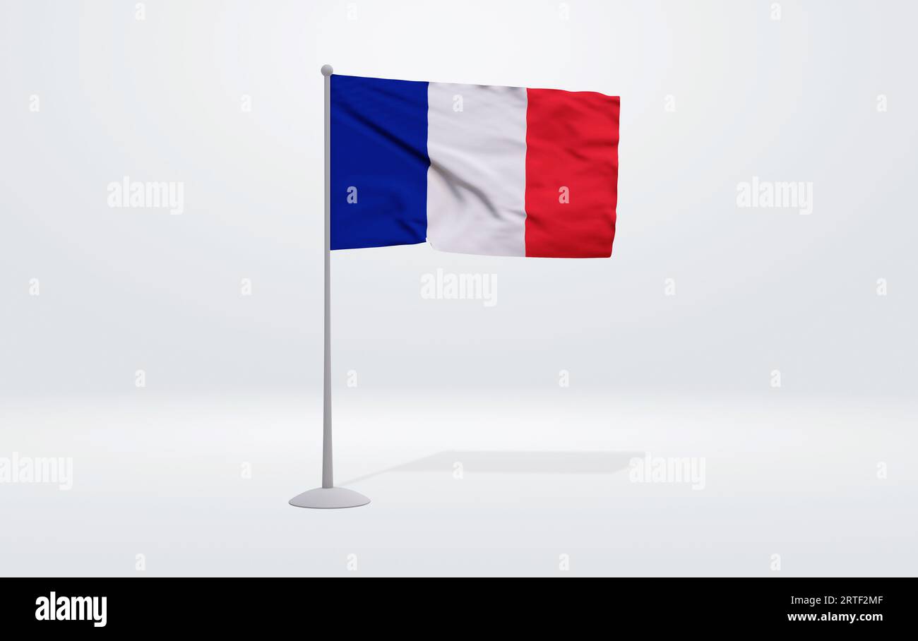 3D illustration of a French flag extended on a flagpole and a studio ...