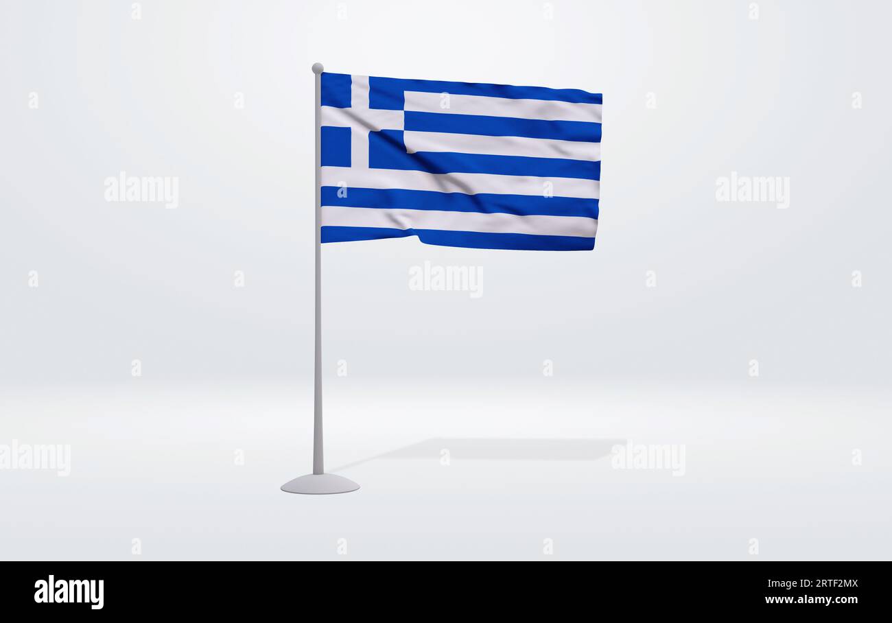 3D illustration of a Greek flag extended on a flagpole and a studio ...