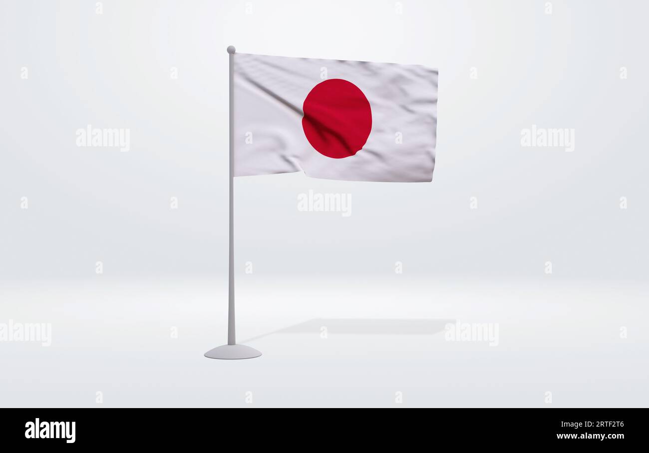 3D illustration of a Japanese flag extended on a flagpole and a studio ...