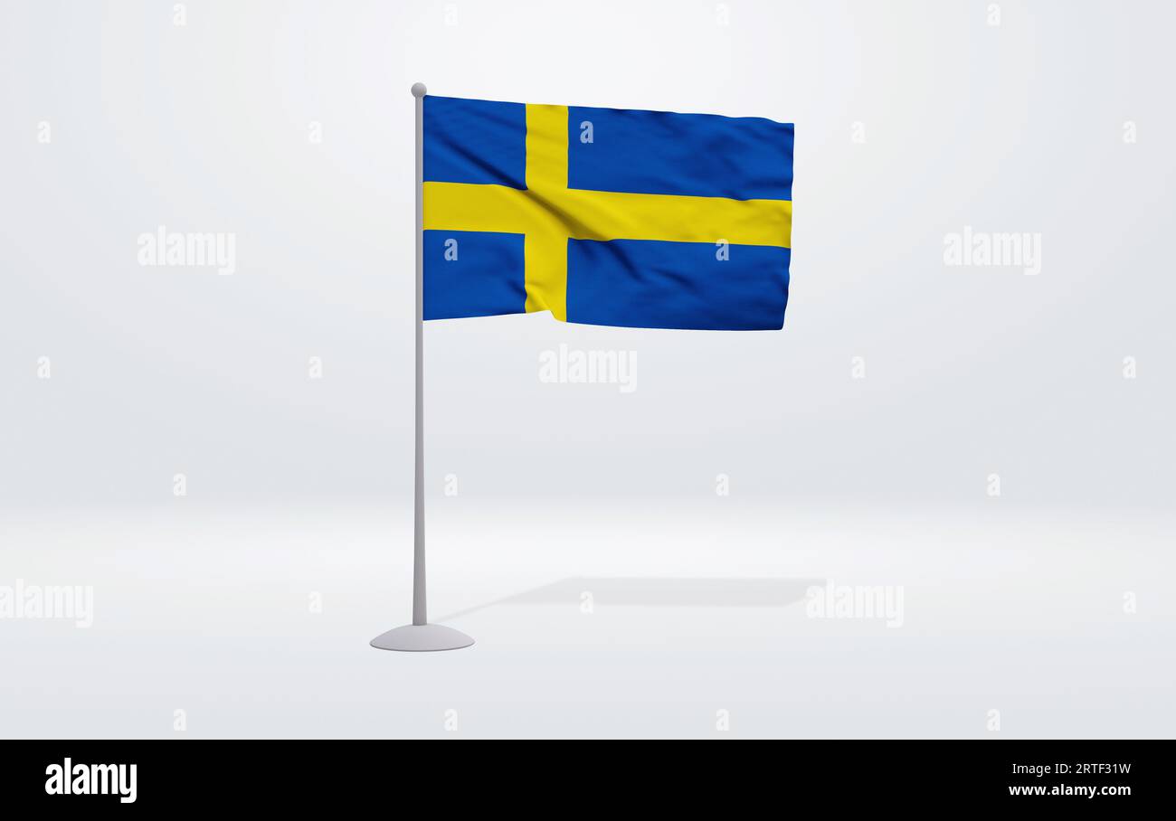 3D illustration of a Swedish flag stretched out on a flagpole and a ...