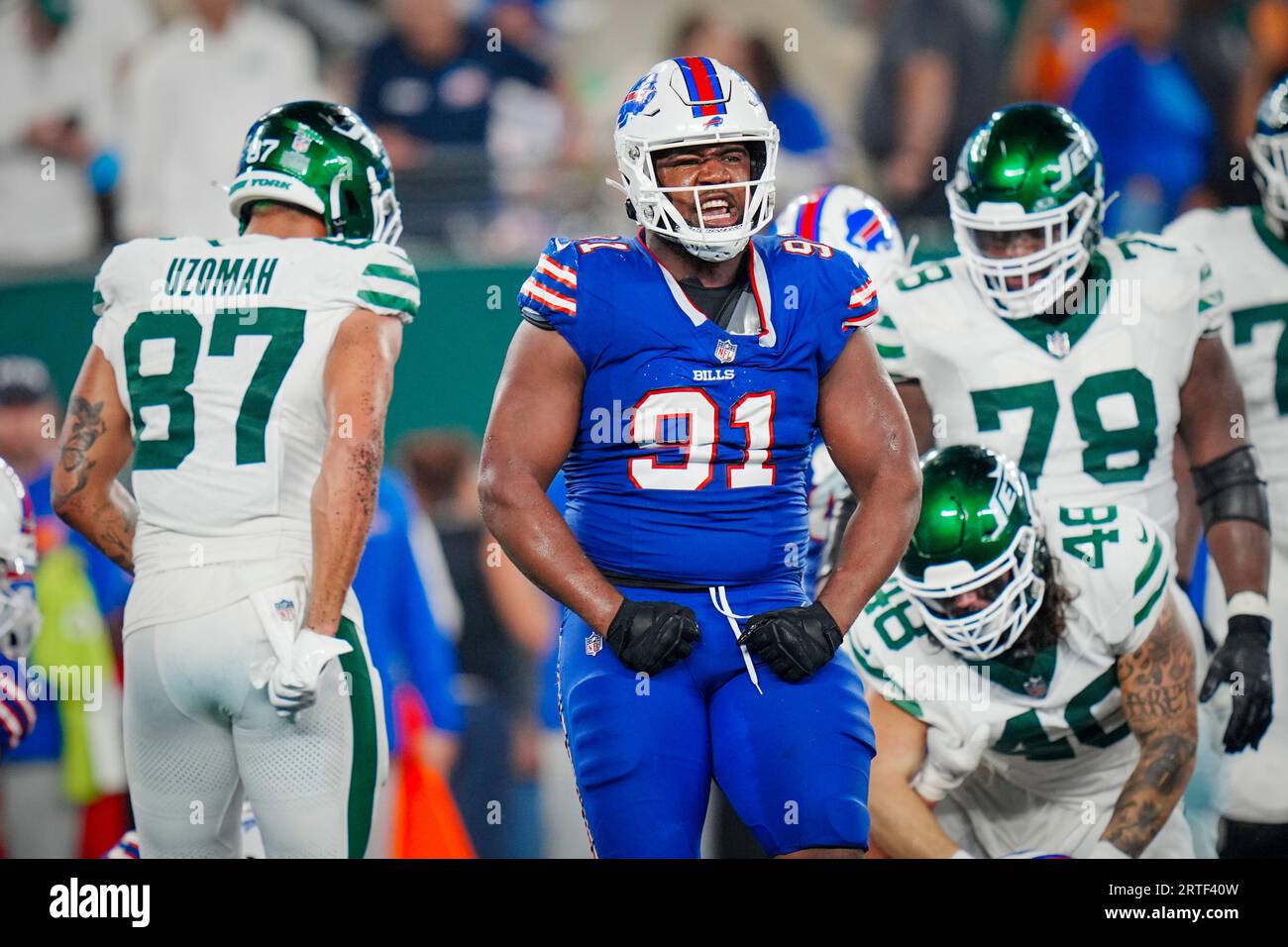 Buffalo Bills defensive tackle Ed Oliver (91) celebrates a tackle ...