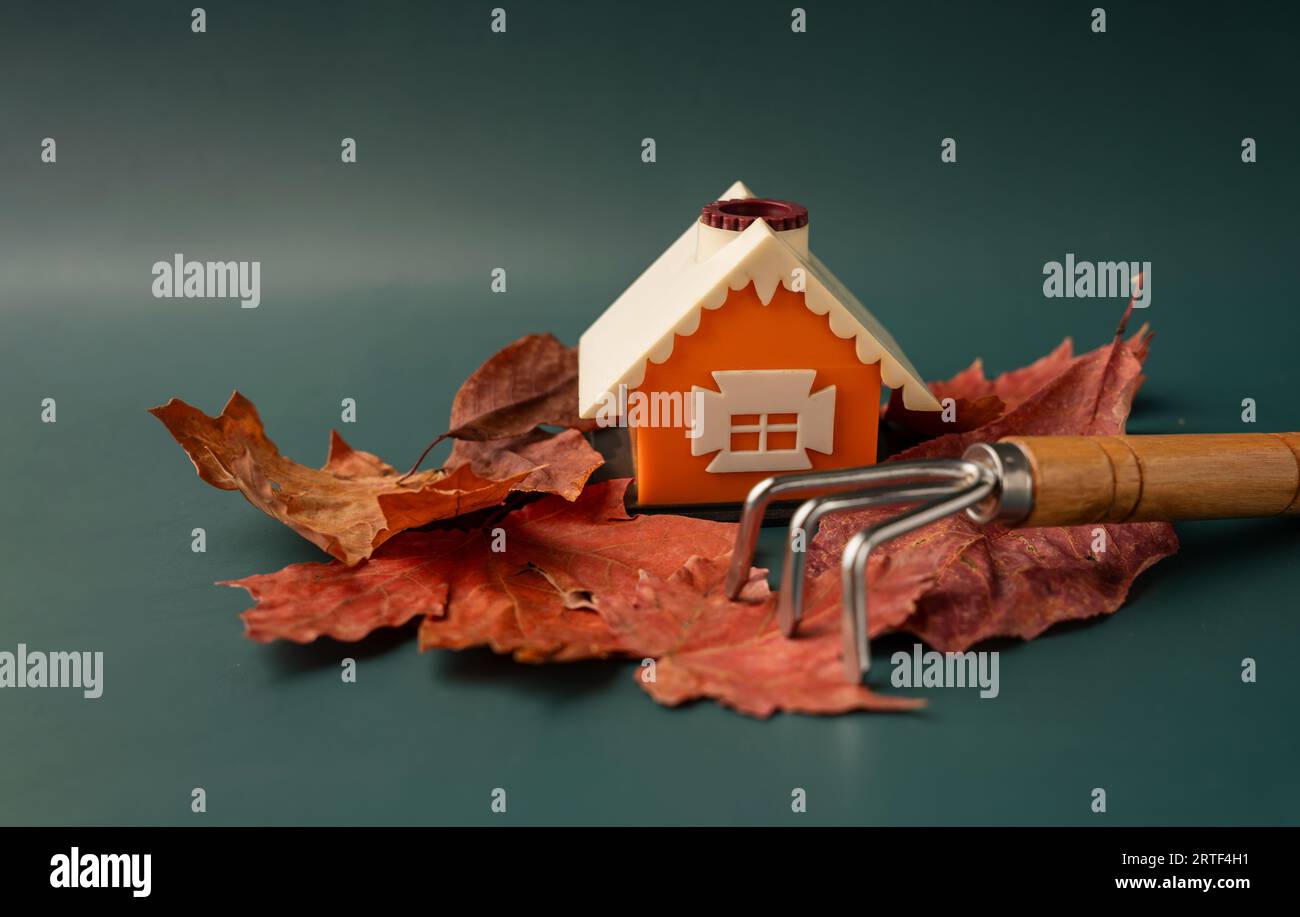 Dry maple leaves around a miniature orange house with a rake on a green ...