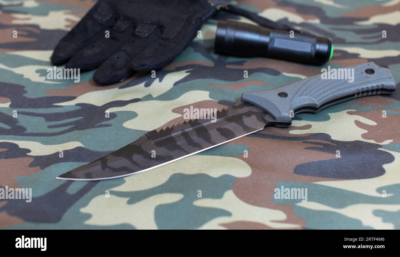 Tactical Blade Combat Hunting Survival Knife Set On Camouflage Cloth In ...