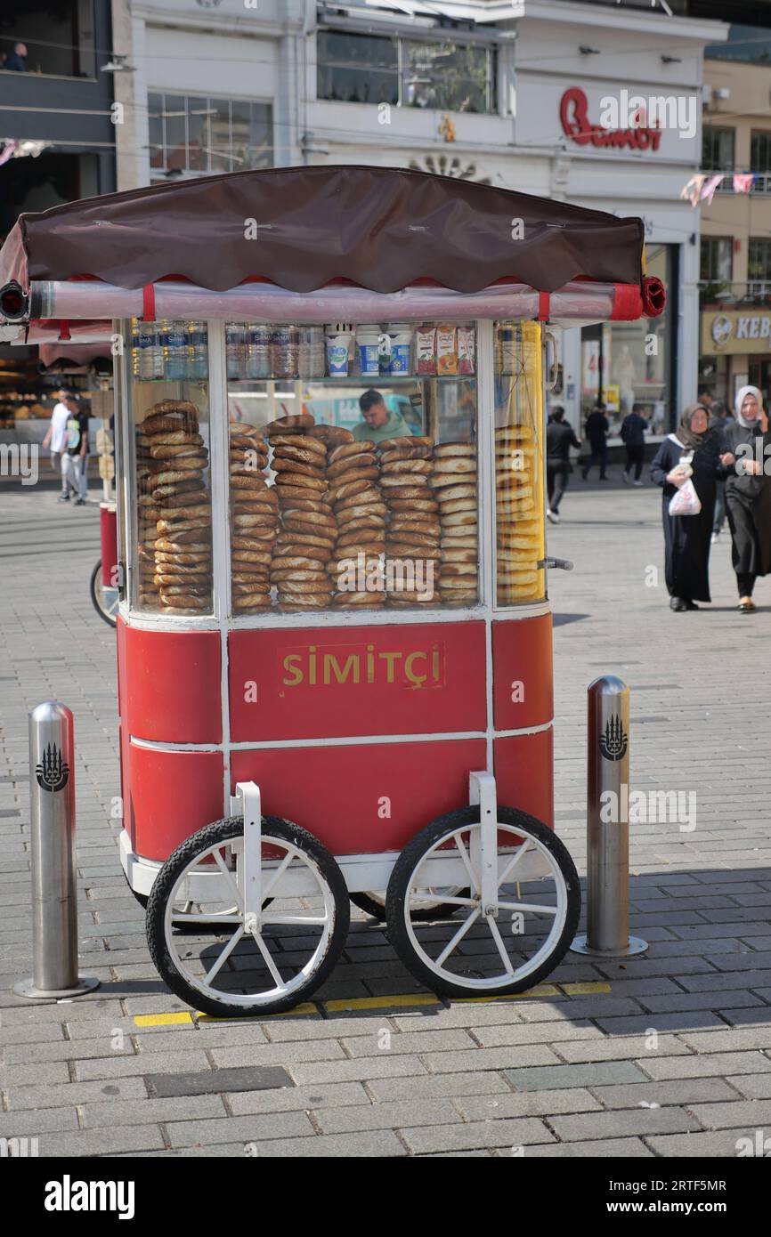 Turkey 12 march 2023. Turkish Bagel Simit selling at taqsim square in a ...