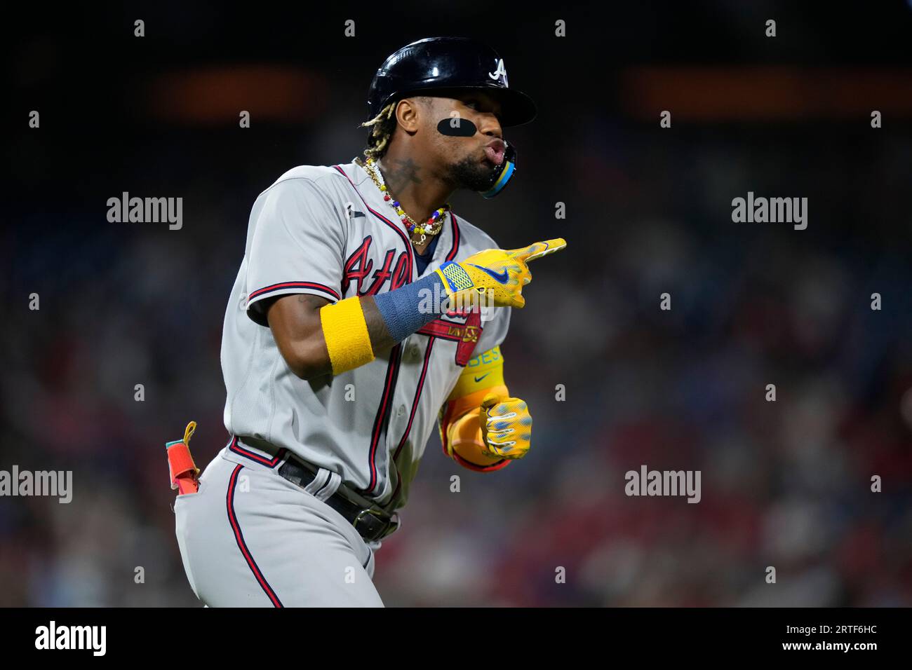 Atlanta Braves' Ronald Acuna Jr. reacts after a home run during a ...