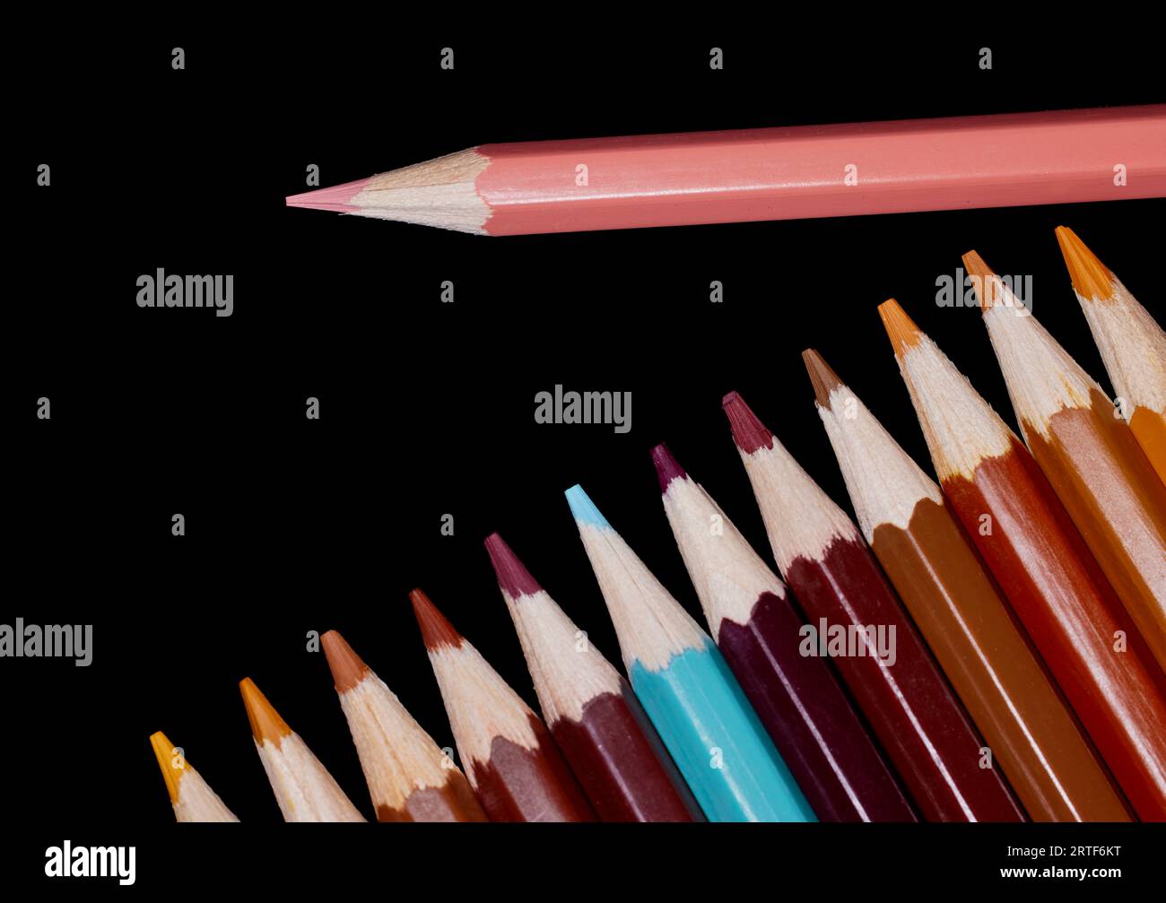 Row of Brown Colored Pencils with one blue pencil aligned together ...